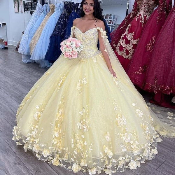Yellow Quinceanera Dresses Sweetheart With Cape Ball Gowns XV 3D Flowers Tulle