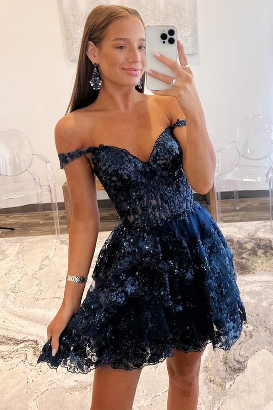 Hot Navy Blue Tulle Sequin Prom Dress Short Sheer Corset Bodice ...