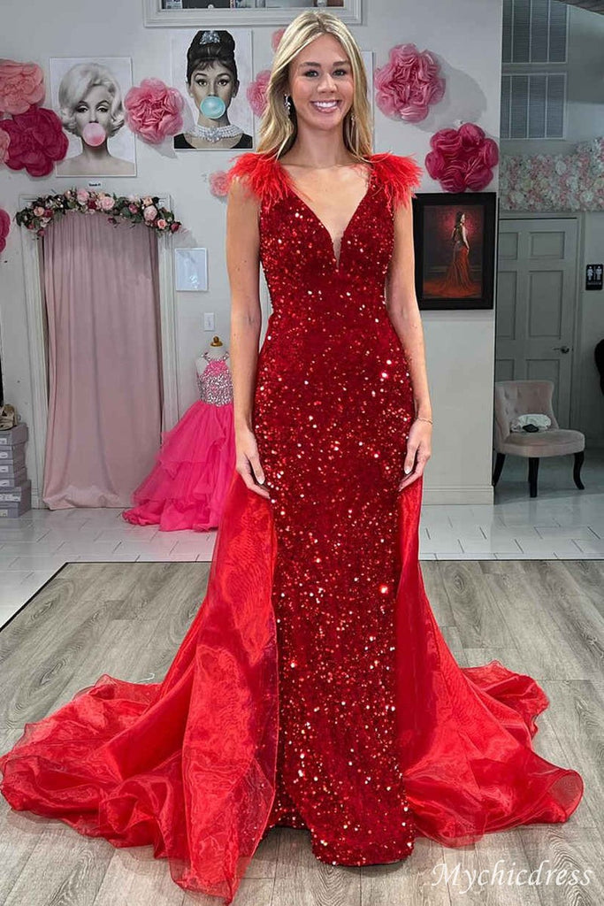 Long red sequin Mermaid Prom Dresses v-neck with Feathers – MyChicDress