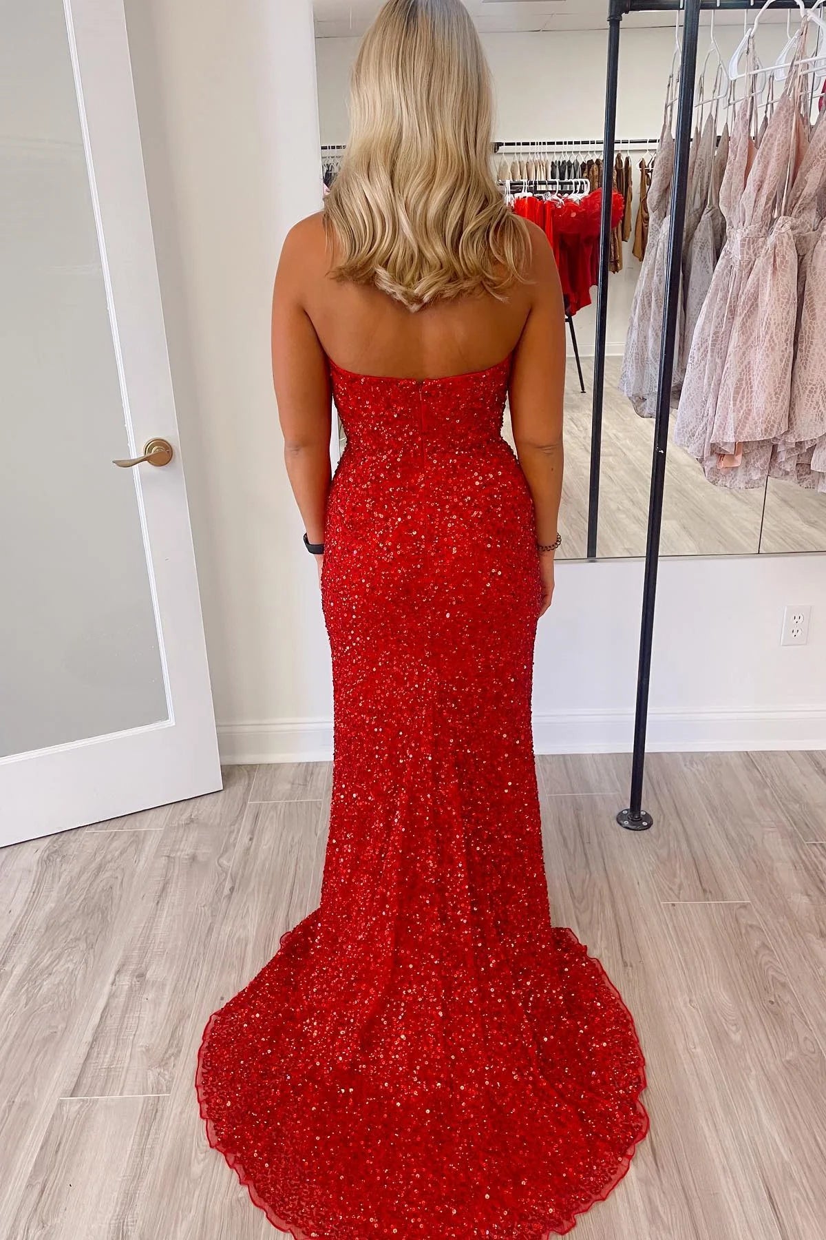 V Neck Red Long Mermaid 2024 Prom Dress Sequin Strapless Mychicdress